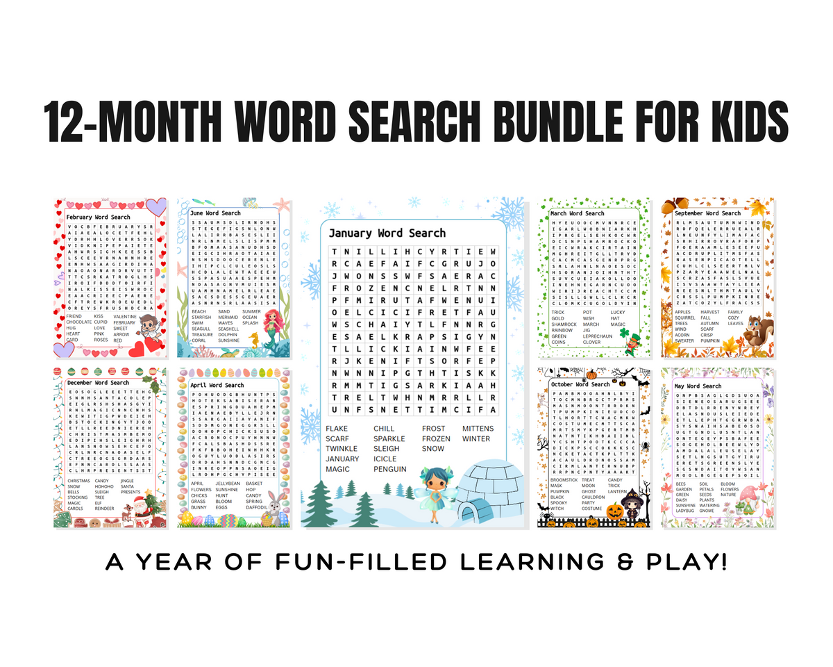 12 Month Word Search Bundle for Kids – Fun & Educational Monthly Theme ...